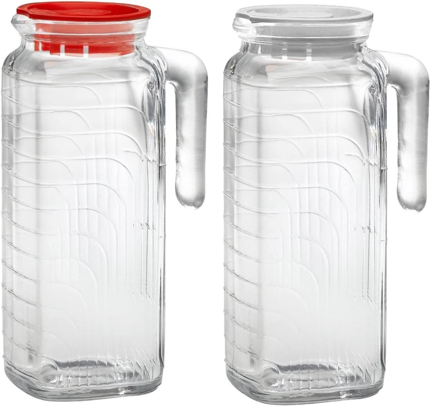 Bormioli Rocco Gelo Set of 2 Glass pitchers, 33.75 Jug with Lid, Carafe for Homemade Juice, Iced Tea, Milk, Cold Brew Coffee, Lemonade, dishwasher safe made in italy (White and Red)