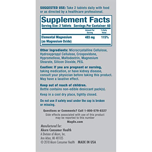 Mag-Ox 400 Magnesium Mineral Dietary Supplement Tablets, 483 mg Magnesium Oxide, Pharmaceutical Grade, 120 Count, (Pack of 2)