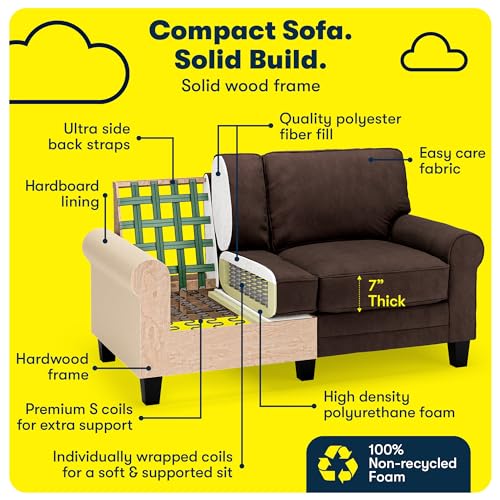 Serta Copenhagen Rolled Arm Sofa, Easy Care Polyester, Soft Pillow Back, Pocket Coil Seat Cushions, Removable Covers, Couch for Small Spaces, Living Rooms or Bedrooms, 61" Loveseat, Brown