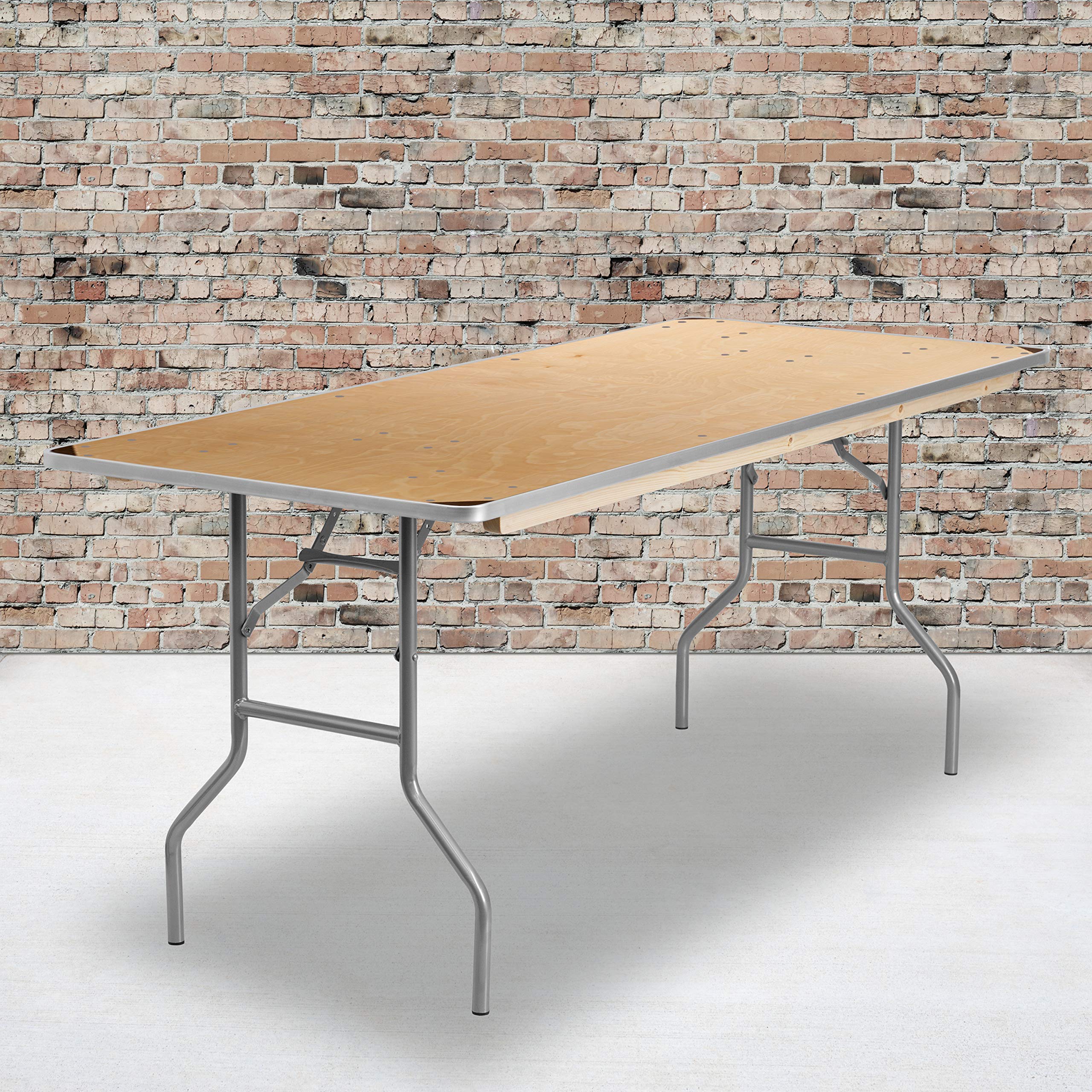 Flash Furniture Fielder 6-Foot Rectangular HEAVY DUTY Birchwood Folding Banquet Table with METAL Edges and Protective Corner Guards