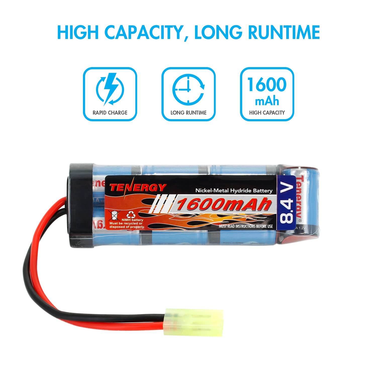 Tenergy Airsoft Battery 8.4V 1600mAh NiMH Flat Battery Pack w/Mini Tamiya Connector for Airsoft Gun + 8.4V-9.6V NiMH Battery Charger w/Mini Tamiya Connector and Standard Tamiya Adapter