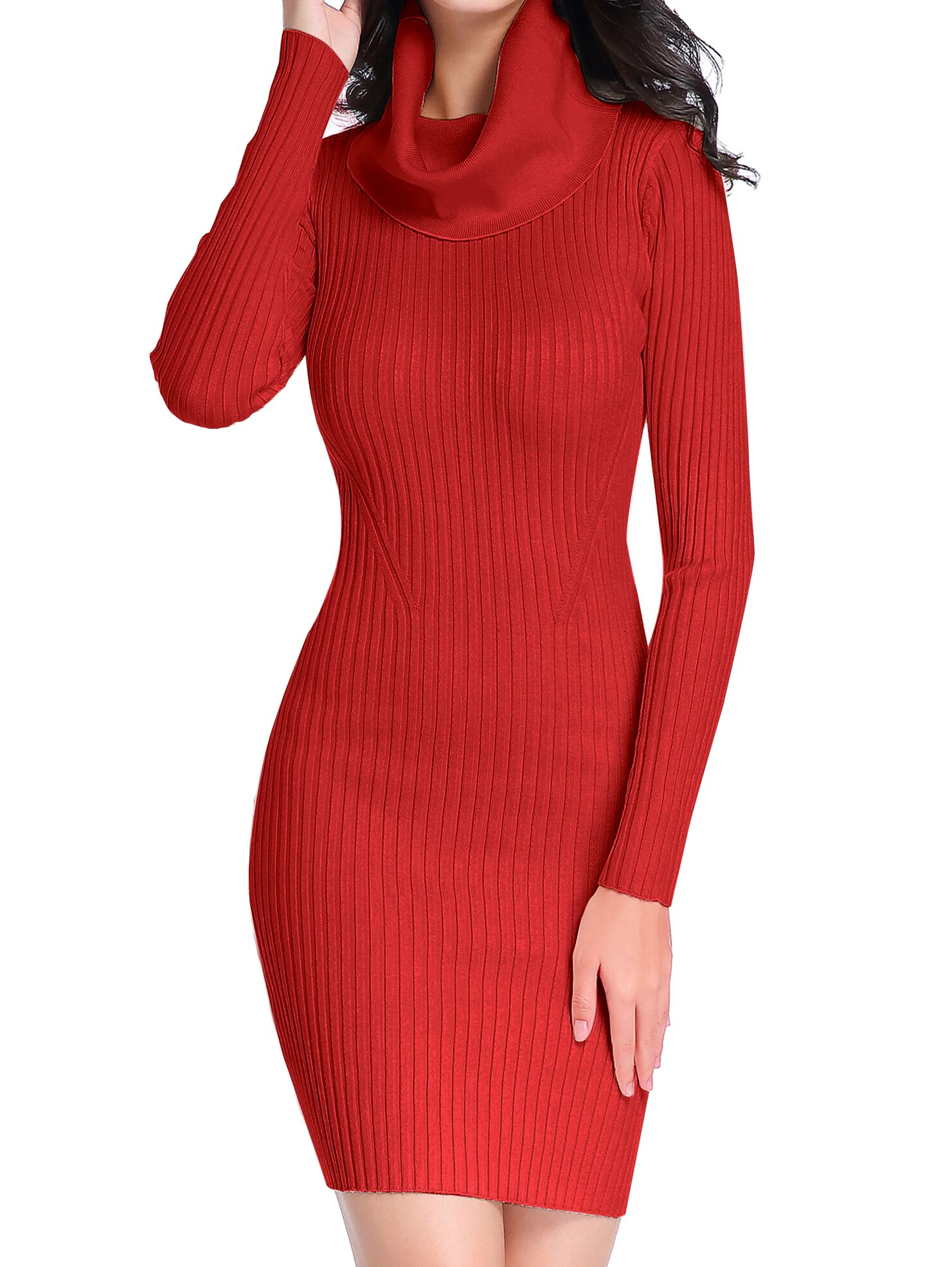 v28 Sweater Dress for Women Ribbed Knit Fitted midi Sexy Fall Winter Bodycon Cowl Neck Dresses (S,Red)