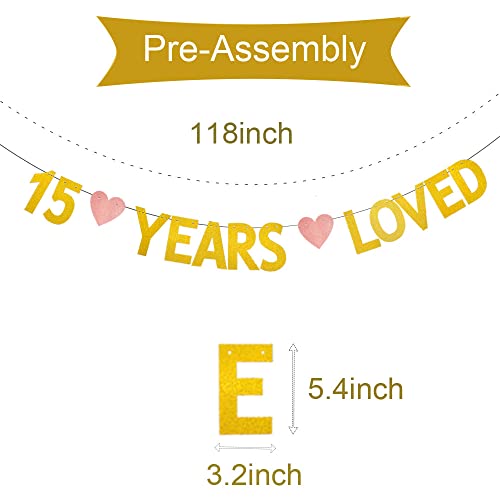 XIAOLUOLY Gold 15 YEARS LOVED Glitter Banner,Pre-Strung,15th Birthday / Wedding Anniversary Party Decorations Bunting Sign Backdrops,15 YEARS LOVED
