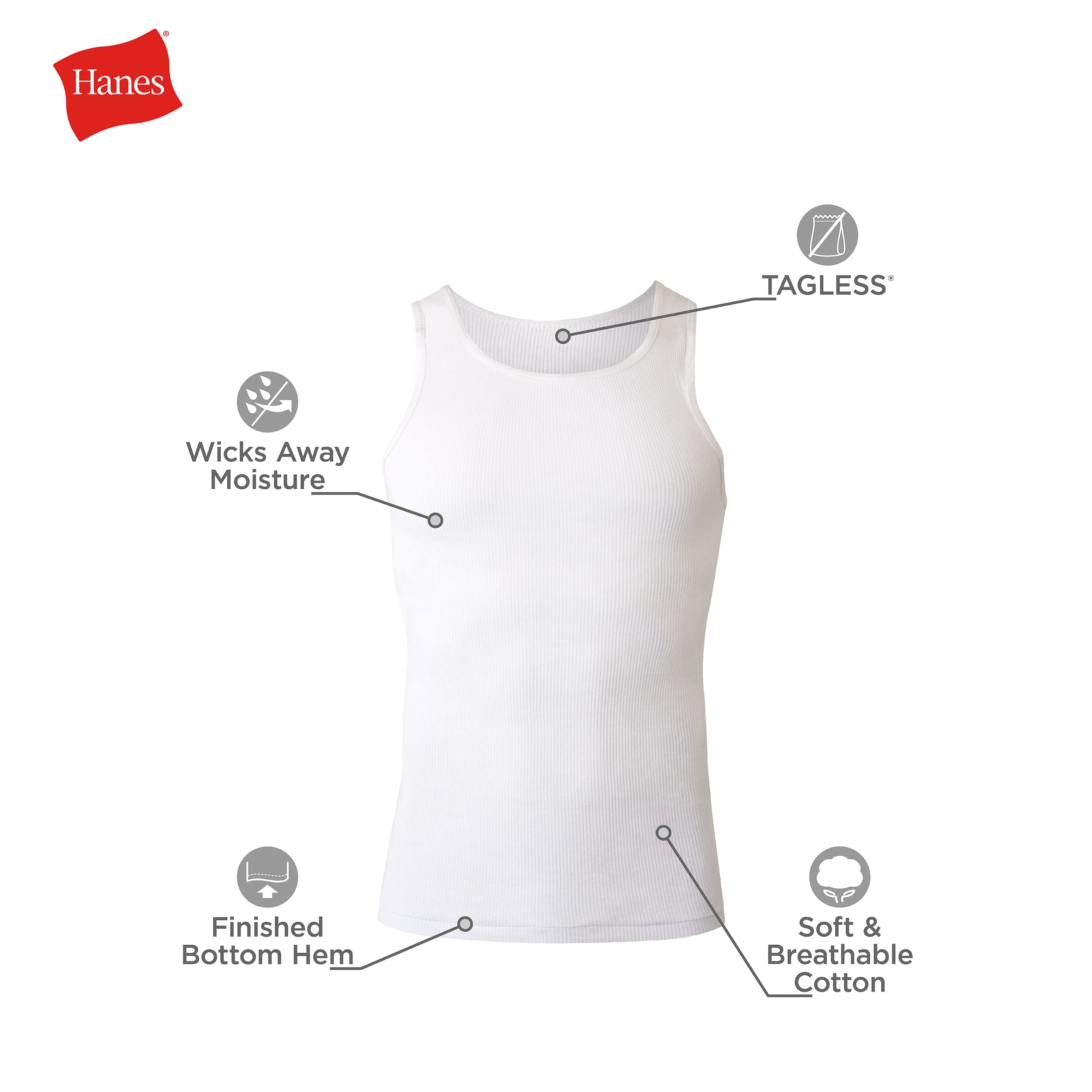 Hanes Men's Pack, Moisture-Wicking Ribbed, Lightweight Cotton Tank Undershirts, White , Large, 6 Count ( Pack of 1)
