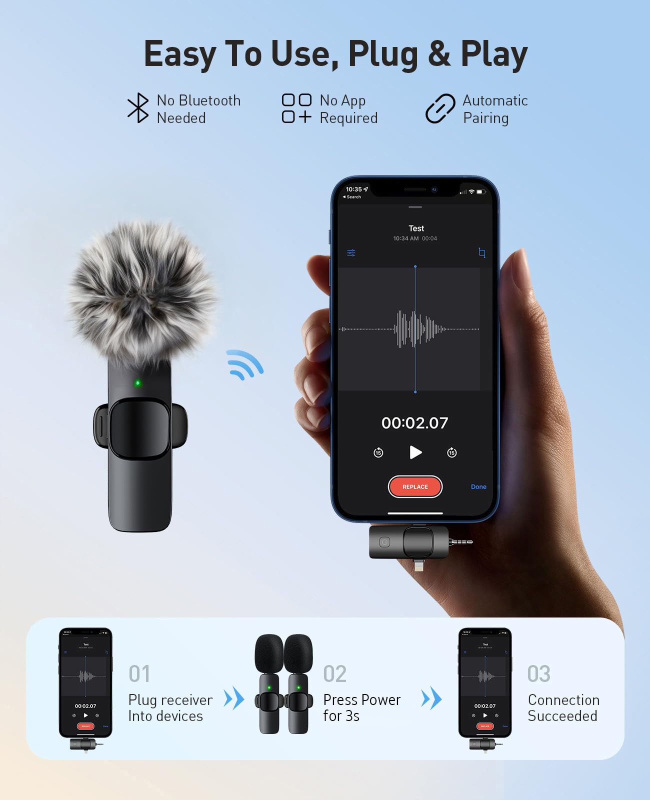 MENERESAS Mini Microphone, 3 in 1 Wireless Lavalier Microphones for iPhone, iPad, Camera and Android Devices, Noise Reduction Lapel Mic, Clip on Mic for Video Recording Vlog, YouTube, Interview