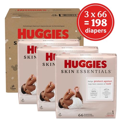 Huggies Size 1 Diapers, Skin Essentials Baby Diapers, Size 1 (8-14 lbs), 198 Count (3 Packs of 66)