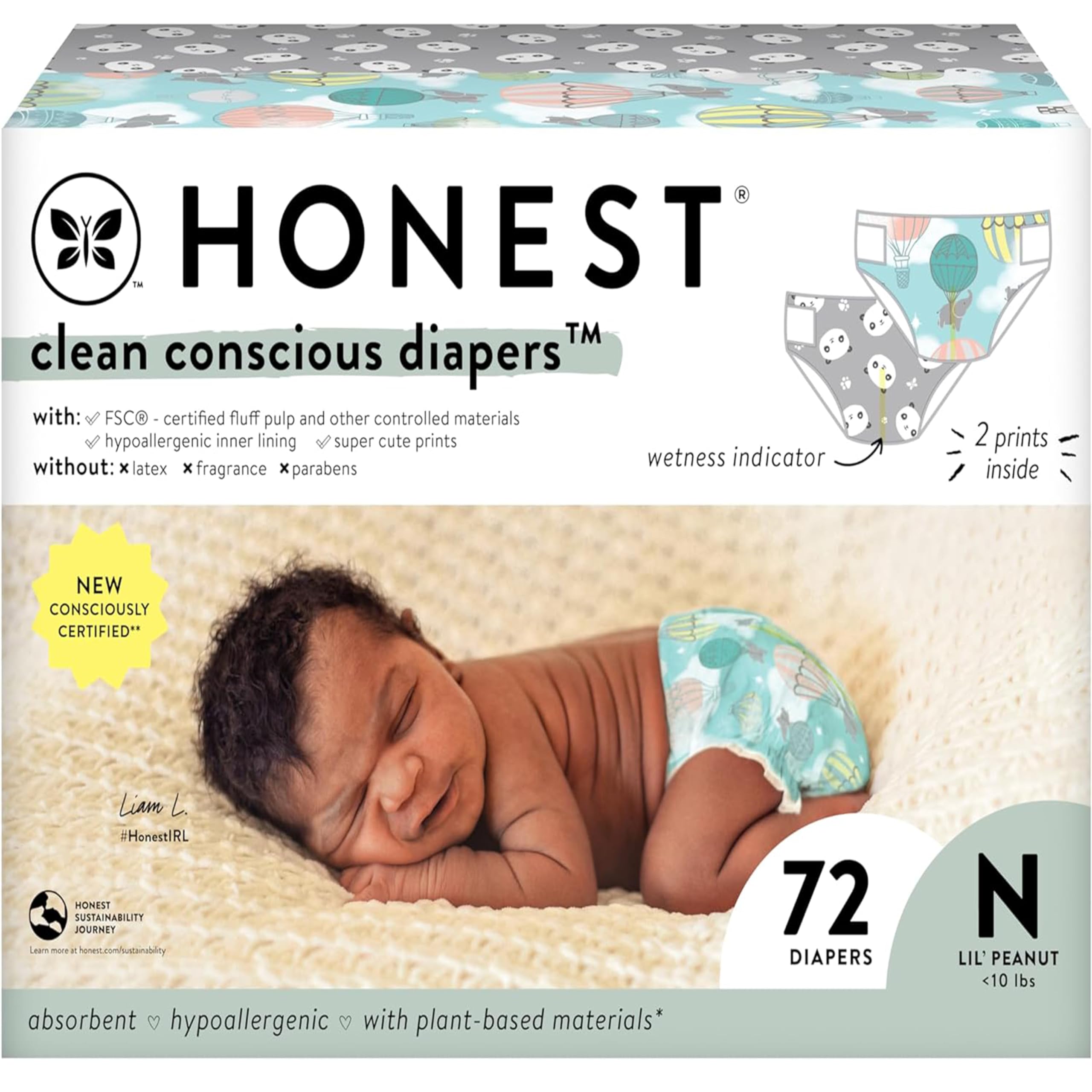 The Honest Company Clean Conscious Diapers for Sensitive Skin | Hypoallergenic, Fragrance Free | Gender Neutral Prints | Club Box, Size Newborn, 72 Count
