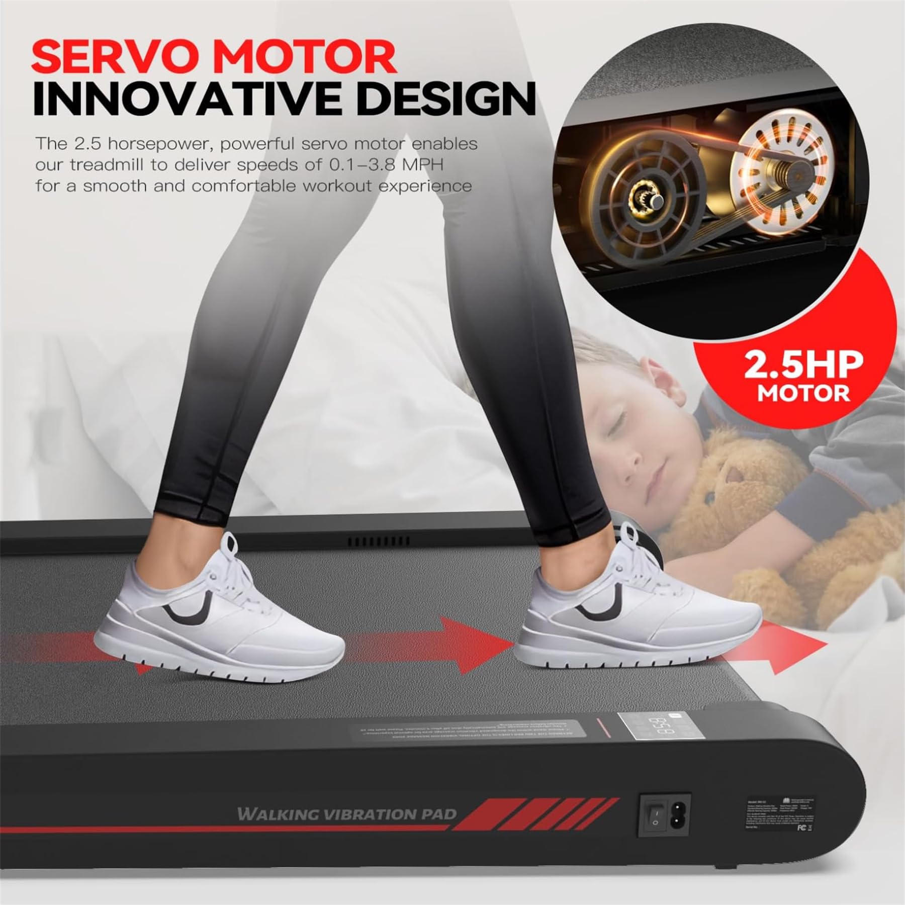 Walking Pad Treadmill with APP, 3 in 1 Under Desk Treadmill, 2.5HP Low Noise Walking Vibration Pad with Remote Control,Portable Treadmill for Home Office, Red
