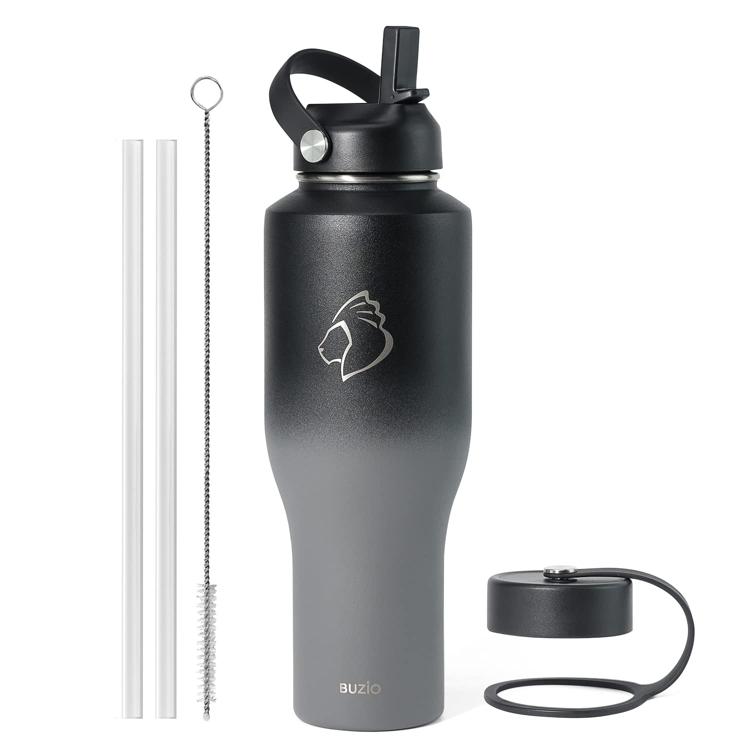 BUZIO 40 oz Insulated Water Bottle Tumbler with Straw and Lids (2 Lids), 40oz Stainless Steel Water Bottles Fits in Any Car Cup Holders, Large Capacity Metal Coldest Flask, Cupholder Friendly, Shadow