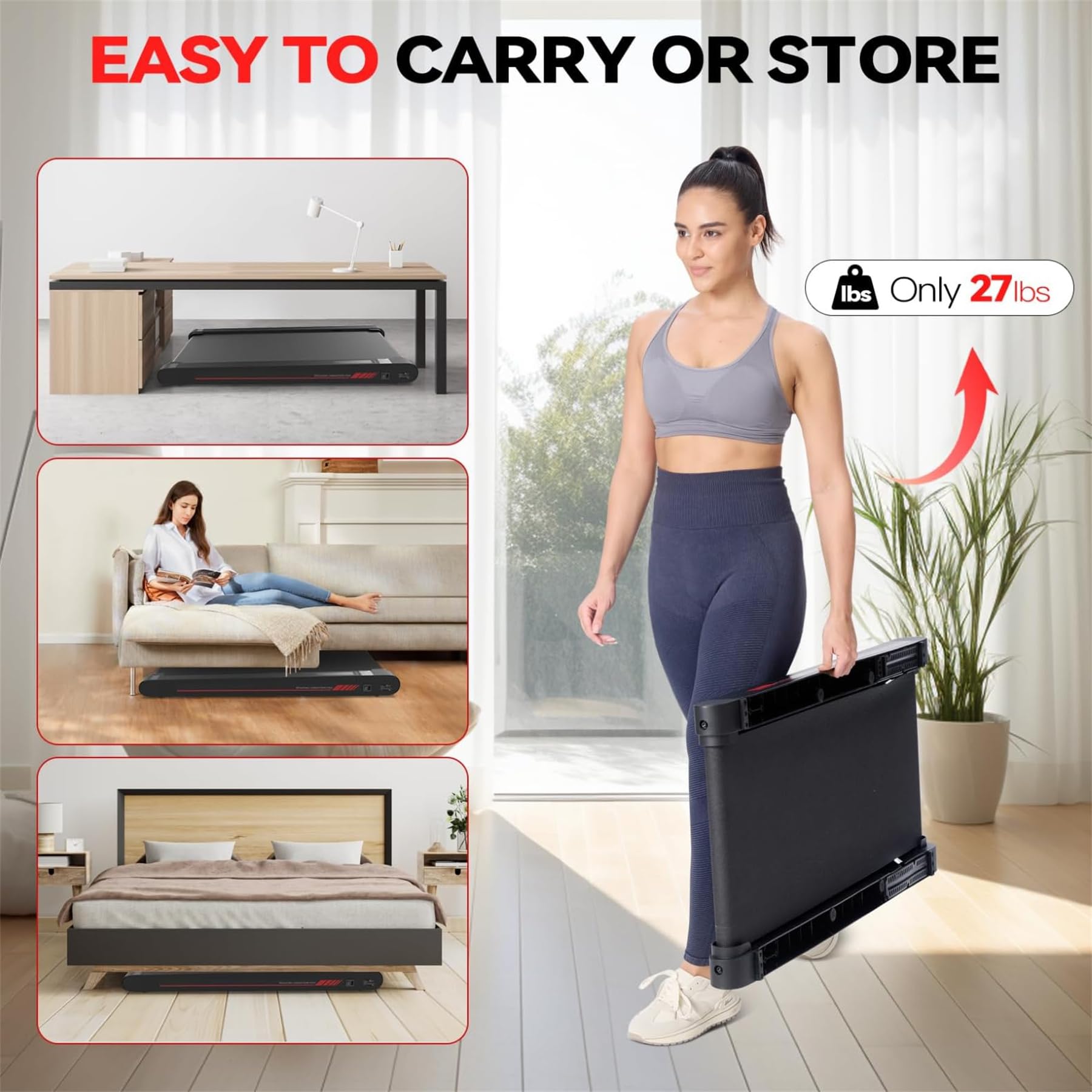 Walking Pad Treadmill with APP, 3 in 1 Under Desk Treadmill, 2.5HP Low Noise Walking Vibration Pad with Remote Control,Portable Treadmill for Home Office, Red