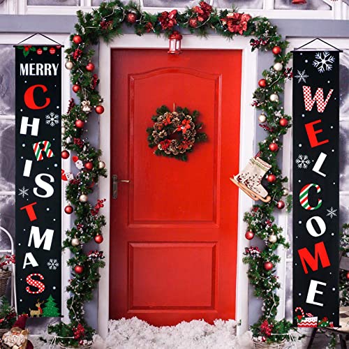 Christmas Decoration Set Christmas Porch Sign Welcome Merry Christmas Banner Christmas Hanging Decoration for Indoor/Outdoor Christmas Decoration Christmas Party (Welcome Christmas, 2 Pieces)