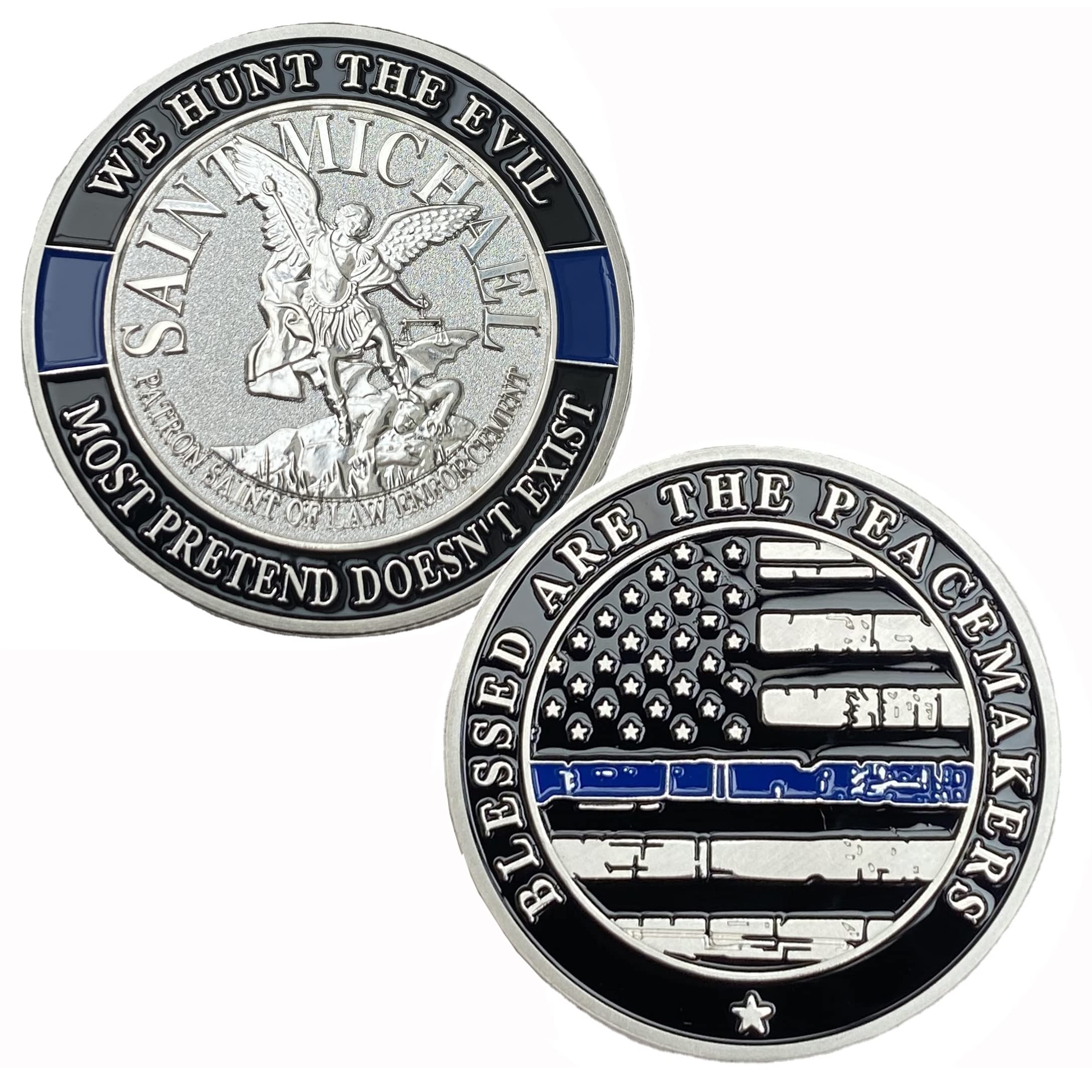 Saint Michael Patron Saint of Law Enforcement Challenge Coin The Thin Blue Line Silver Plated Coins