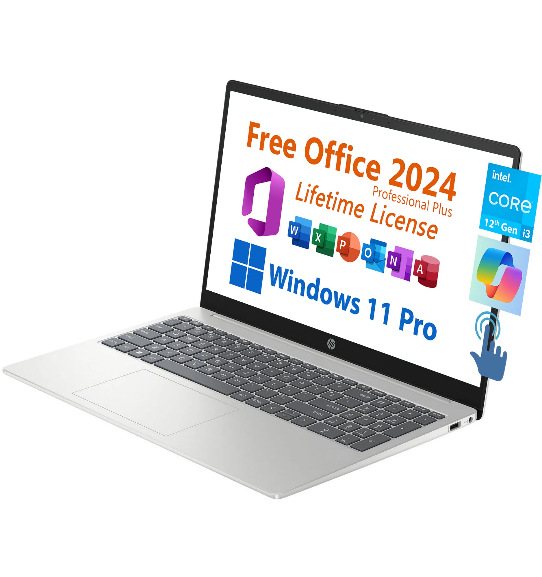 HP 15.6" Business Laptop, Free Microsoft Office 2024 Lifetime License, Copilot AI Chat, HD Touchscreen Display, Intel 6-Core i3-1215U 4.4 GHz, 16GB RAM, 1TB SSD, Long Battery Life, Windows 11 Pro