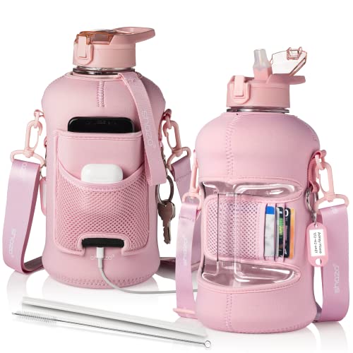 Half Gallon 2.2L Water Bottle With Straw 74oz Large Gym Water Bottle With Storage Sleeve, Bottle Brush, BuiltIn Wallet, Pockets for Phone & AirPod, BPA Free Big Sports Water Jug w/Carry Handle, Pink