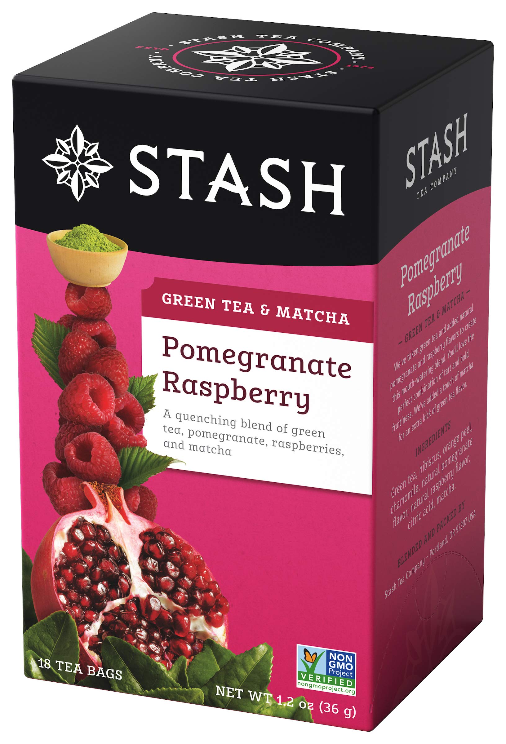 Stash Tea Pomegranate Raspberry & Matcha Green Tea - Caffeinated, Non-GMO Project Verified Premium Tea with No Artificial Ingredients, 18 Count (Pack of 6) - 108 Bags Total