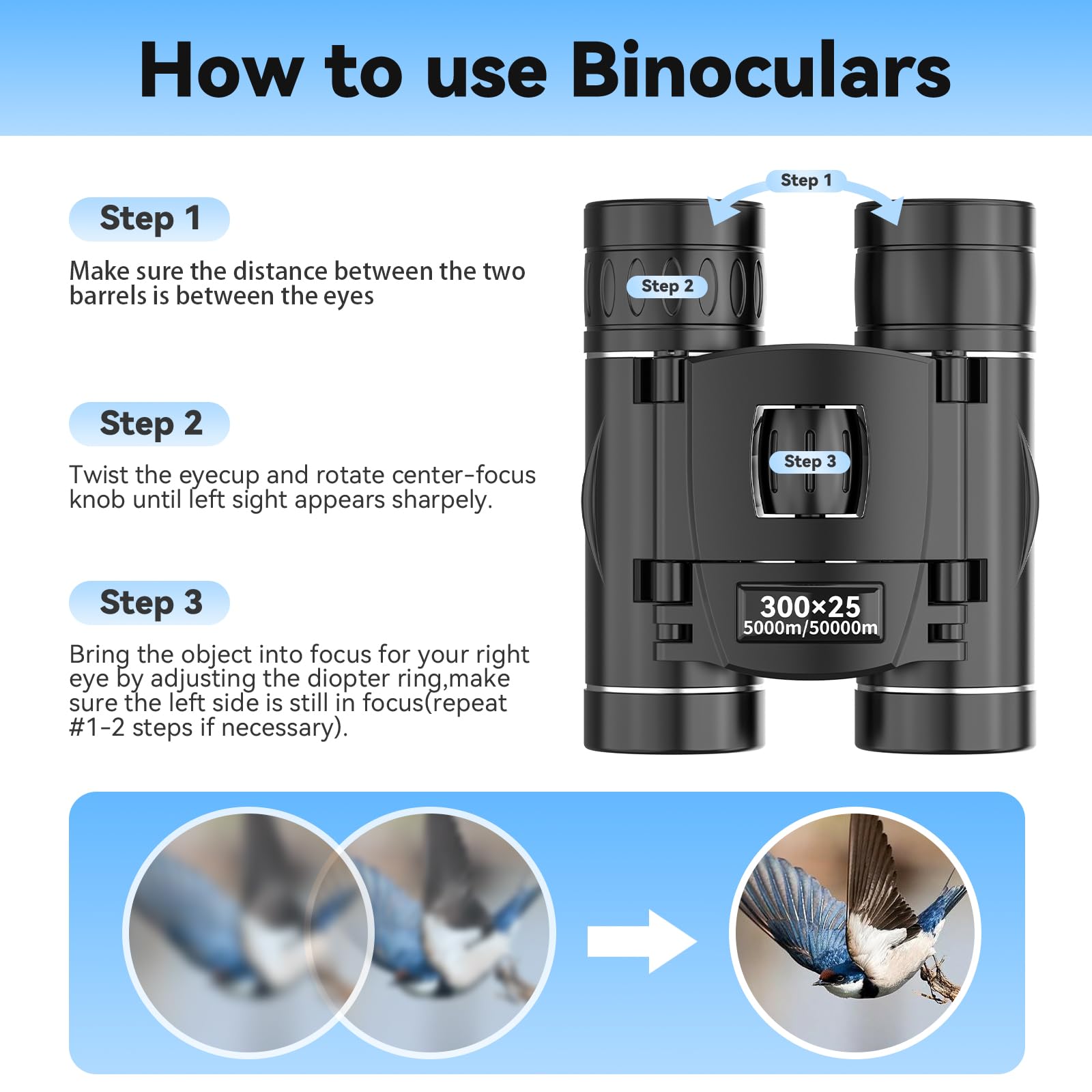 300x25 Binoculars for Adults and Kids, High Powered Mini Pocket Binoculars with Phone Adapter, Waterproof Compact Binoculars for Bird Watching, Hunting, Concert, Theater, Opera, Traveling, Sightseeing