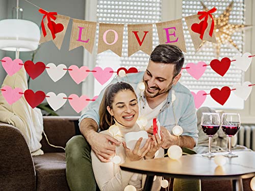Valentines Day Decor, Love Burlap Banner Valentines Decorations 28 Pcs Felt Heart Garland Banner Hanging Heart Garland Rustic Valentine Décor for Home Mantle Fireplace Wall