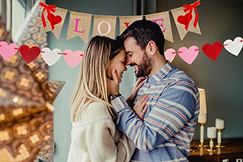 Valentines Day Decor, Love Burlap Banner Valentines Decorations 28 Pcs Felt Heart Garland Banner Hanging Heart Garland Rustic Valentine Décor for Home Mantle Fireplace Wall