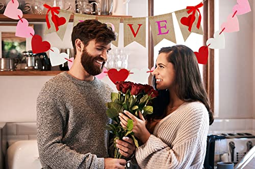 Valentines Day Decor, Love Burlap Banner Valentines Decorations 28 Pcs Felt Heart Garland Banner Hanging Heart Garland Rustic Valentine Décor for Home Mantle Fireplace Wall