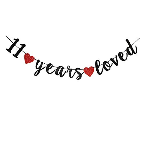 11 Years Loved Black Paper Sign for Boy/Girl's 11th Birthday Party Supplies, 11th Wedding Anniversary Party Decorations