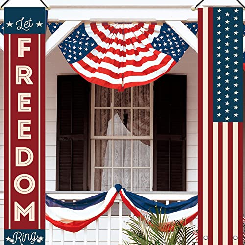 Decorations for 4th of July Decor, Hanging American Flag and “Let FREEDOM Ring” Banners, Fourth of July Party Supplies Indoor Outdoor-Red White Blue Decor Independence Day Outdoor Pull-Down Door Banners