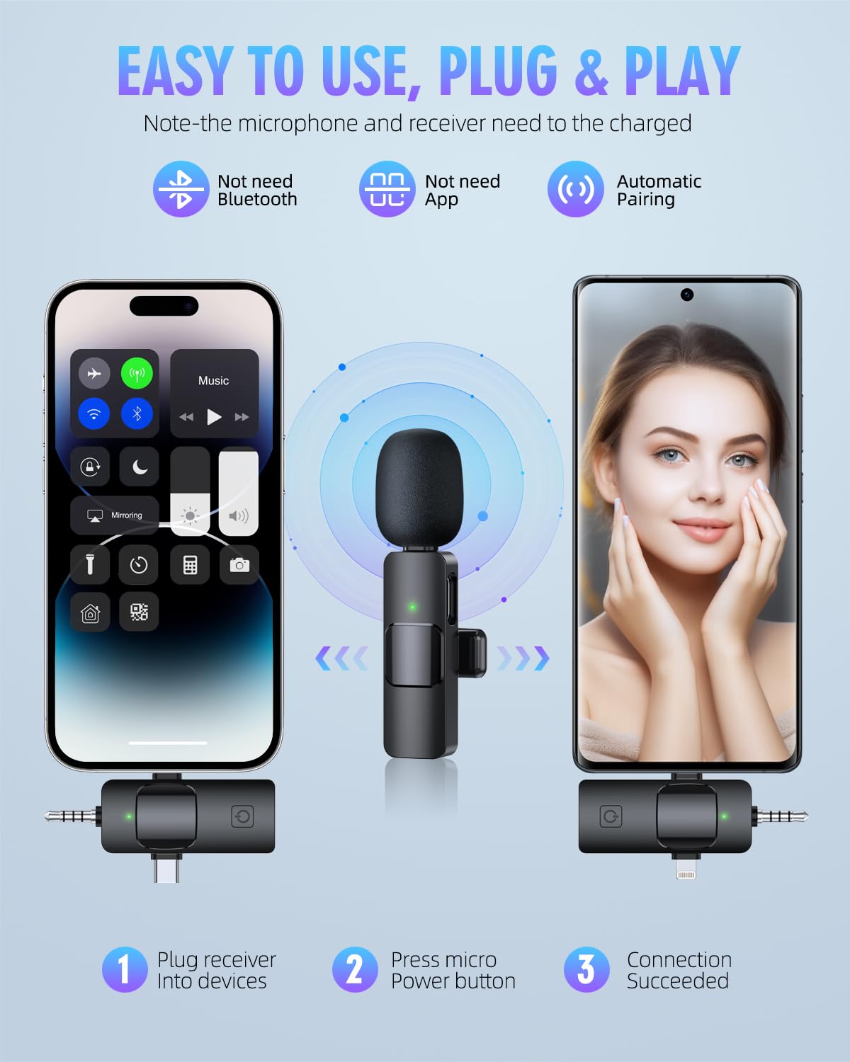 PQRQP 3 in 1 Wireless Lavalier Microphones for iPhone, iPad, Android, Camera, USB-C Microphone, 7-Hour Battery, Mini Microphone with Noise Reduction for Video Recording, Vlog, YouTube, TikTok