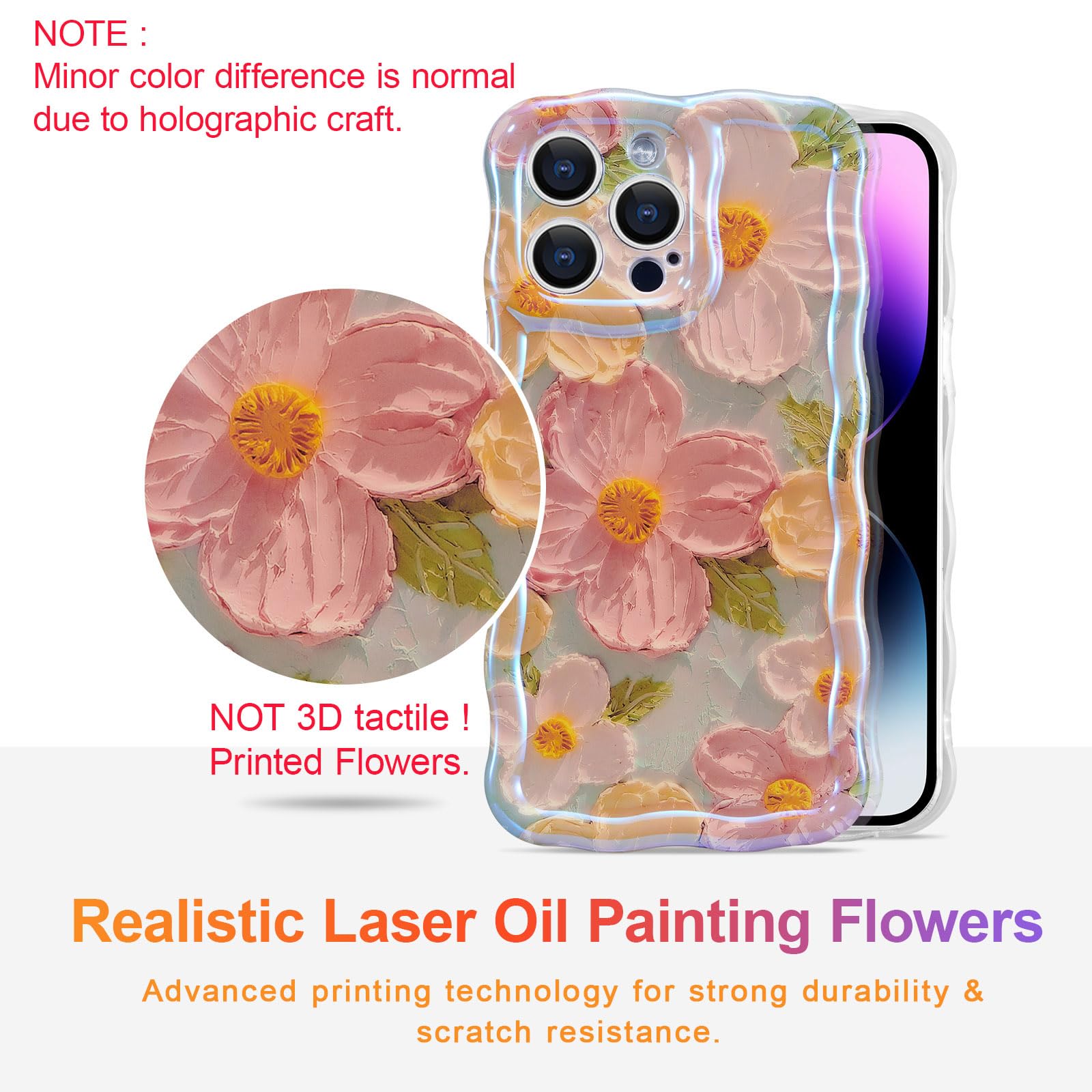 EYZUTAK Case for iPhone 14 Pro Max, Colorful Retro Oil Painting Printed Flower Laser Glossy Pattern Cute Curly Wave Edge Exquisite Stylish Durable TPU Protective Phone Cover for Girls Women-Green