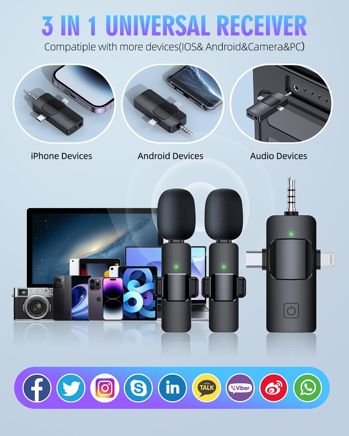 PQRQP 3 in 1 Wireless Lavalier Microphones for iPhone, iPad, Android, Camera, USB-C Microphone, 7-Hour Battery, Mini Microphone with Noise Reduction for Video Recording, Vlog, YouTube, TikTok