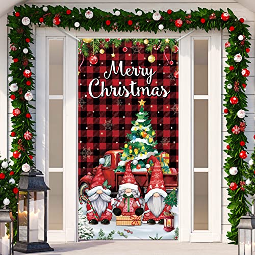 Tiamon Christmas Gnome Door Cover Xmas Red Truck Buffalo Plaid Door Cover Banner Merry Christmas Backdrop Door Cover Decoration for Winter Holiday Party Supplies, 70.9 x 35.4 Inches