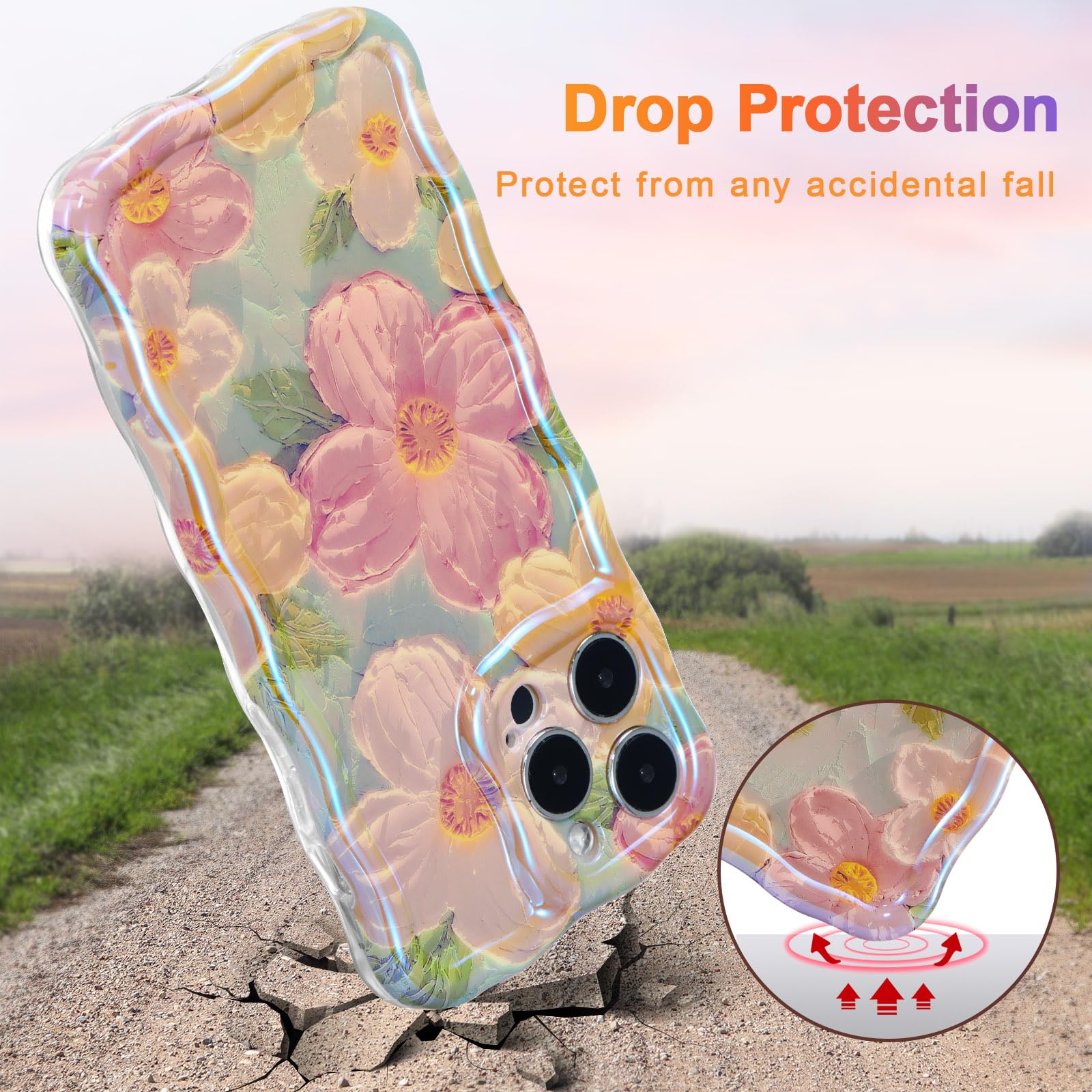 EYZUTAK Case for iPhone 14 Pro Max, Colorful Retro Oil Painting Printed Flower Laser Glossy Pattern Cute Curly Wave Edge Exquisite Stylish Durable TPU Protective Phone Cover for Girls Women-Green