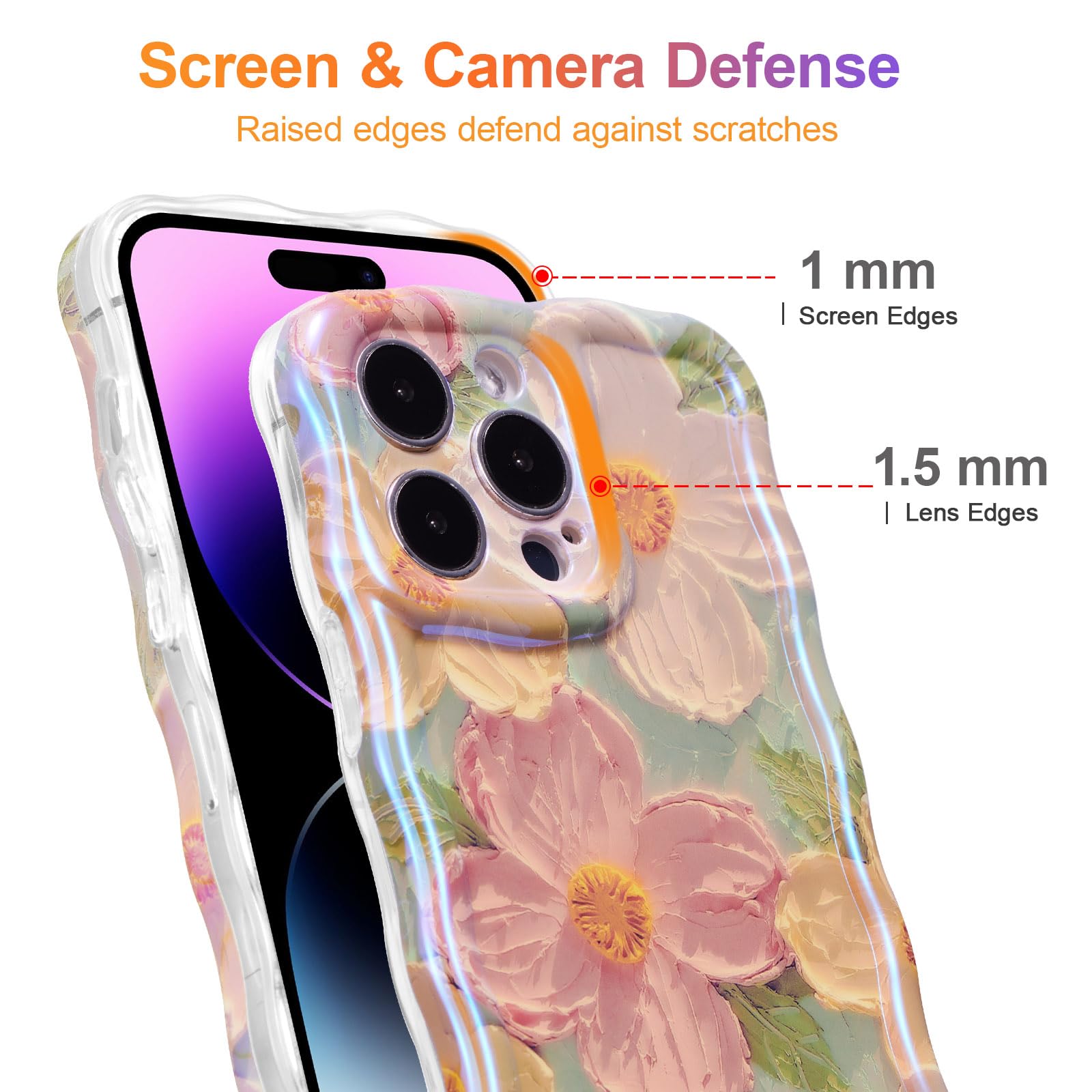 EYZUTAK Case for iPhone 14 Pro Max, Colorful Retro Oil Painting Printed Flower Laser Glossy Pattern Cute Curly Wave Edge Exquisite Stylish Durable TPU Protective Phone Cover for Girls Women-Green