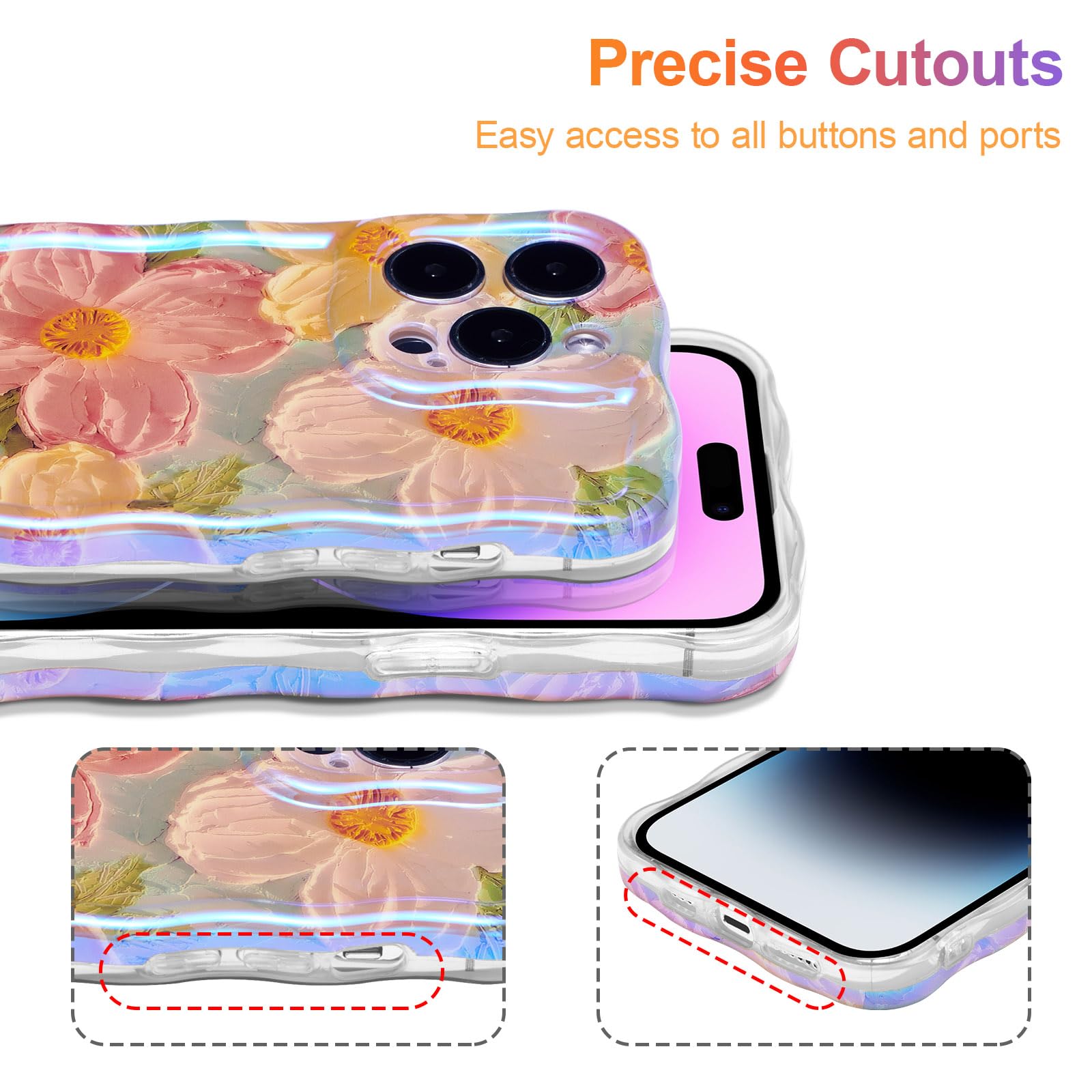 EYZUTAK Case for iPhone 14 Pro Max, Colorful Retro Oil Painting Printed Flower Laser Glossy Pattern Cute Curly Wave Edge Exquisite Stylish Durable TPU Protective Phone Cover for Girls Women-Green