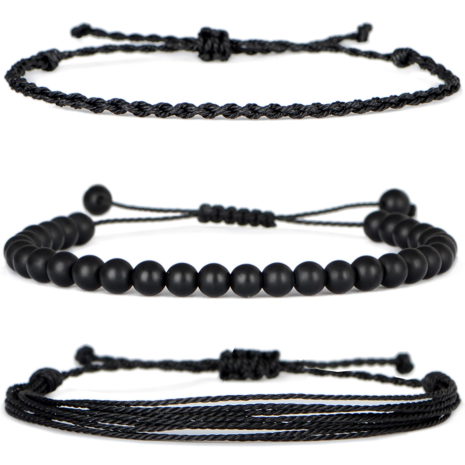 QOGIR Handmade Healing Bracelets, 6mm Matte Black Onyx Bracelet Black Beaded Bracelets for Men Women with 2PCS Size Adjustable Rope Bracelets