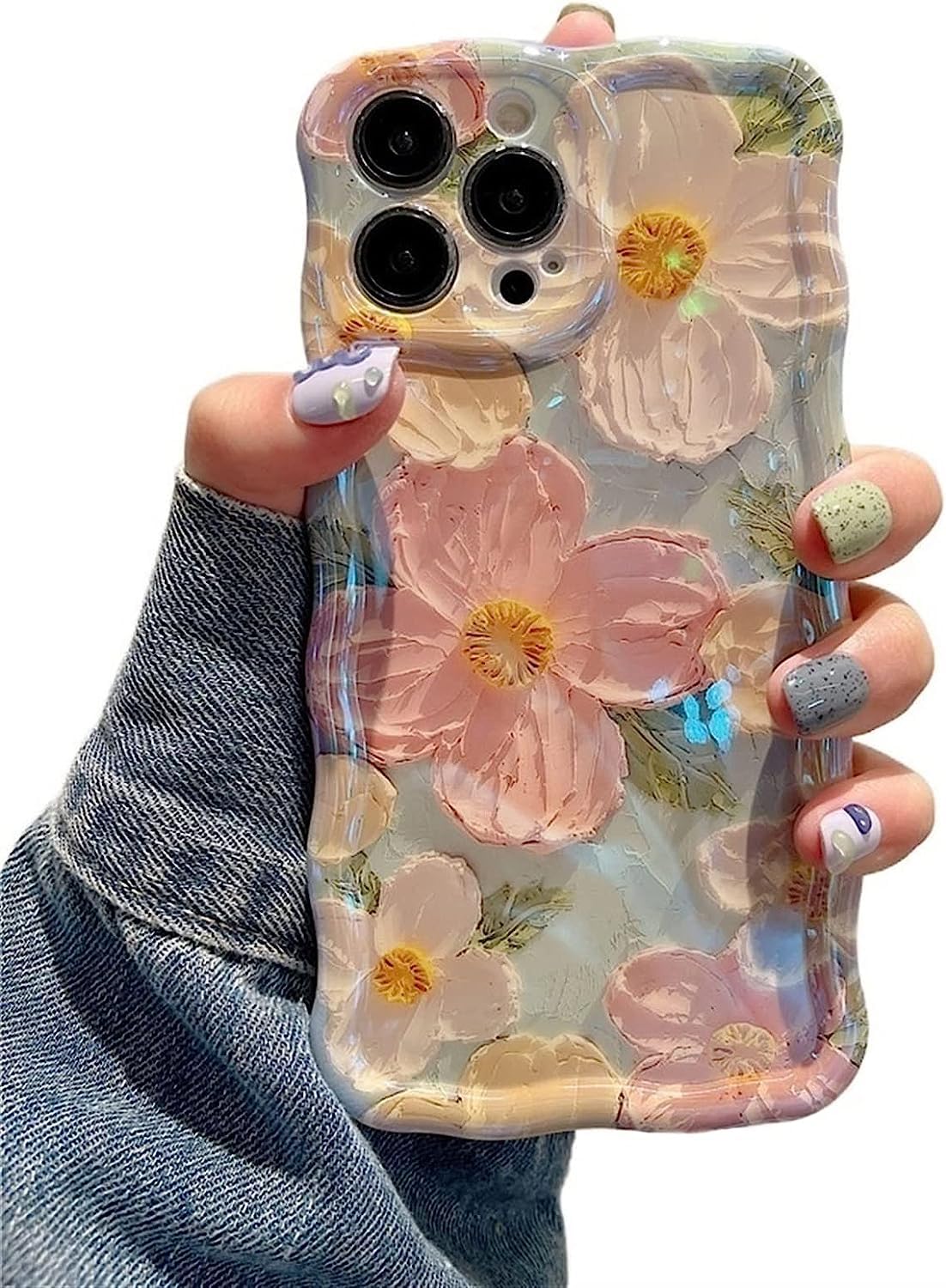 EYZUTAK Case for iPhone 14 Pro Max, Colorful Retro Oil Painting Printed Flower Laser Glossy Pattern Cute Curly Wave Edge Exquisite Stylish Durable TPU Protective Phone Cover for Girls Women-Green