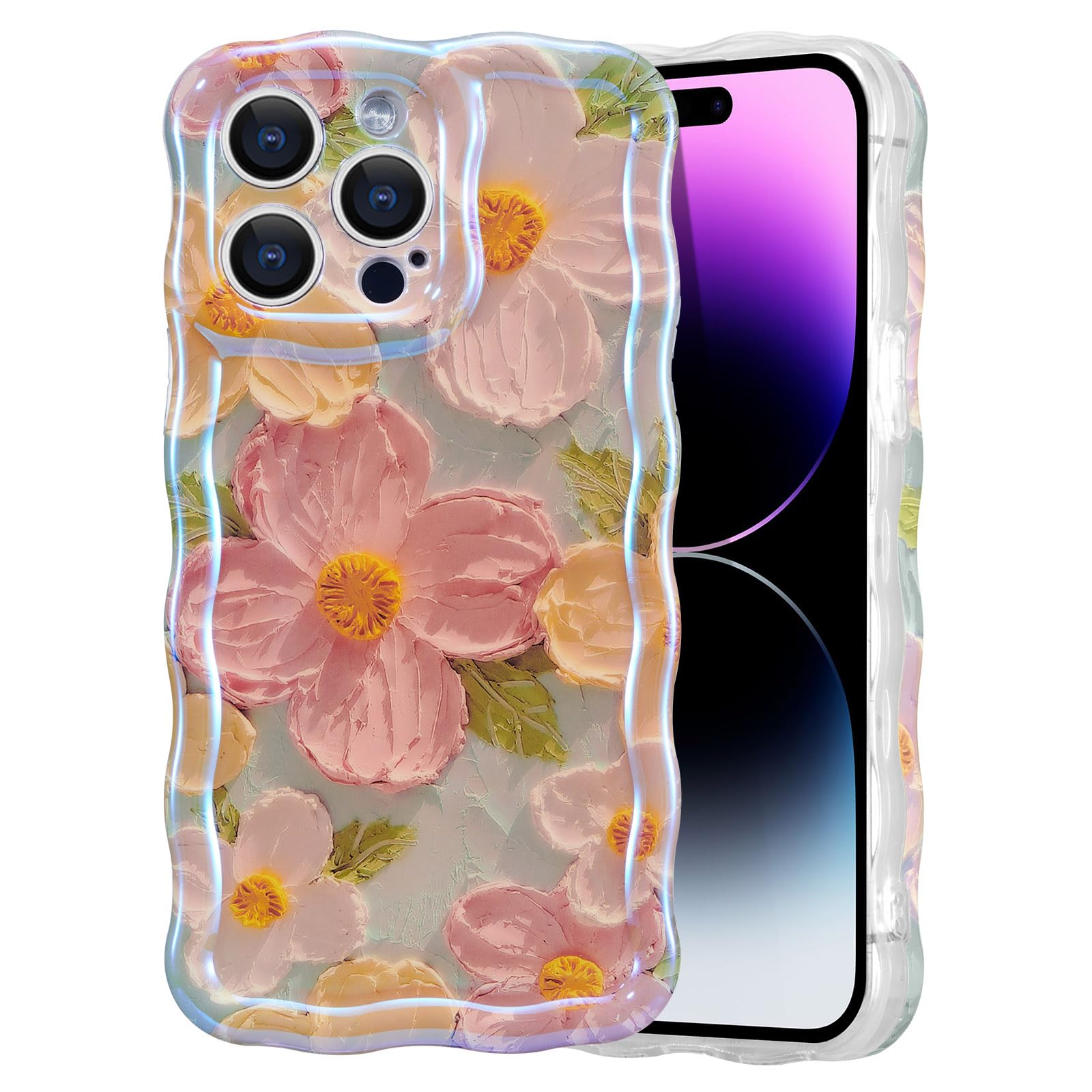 EYZUTAK Case for iPhone 14 Pro Max, Colorful Retro Oil Painting Printed Flower Laser Glossy Pattern Cute Curly Wave Edge Exquisite Stylish Durable TPU Protective Phone Cover for Girls Women-Green