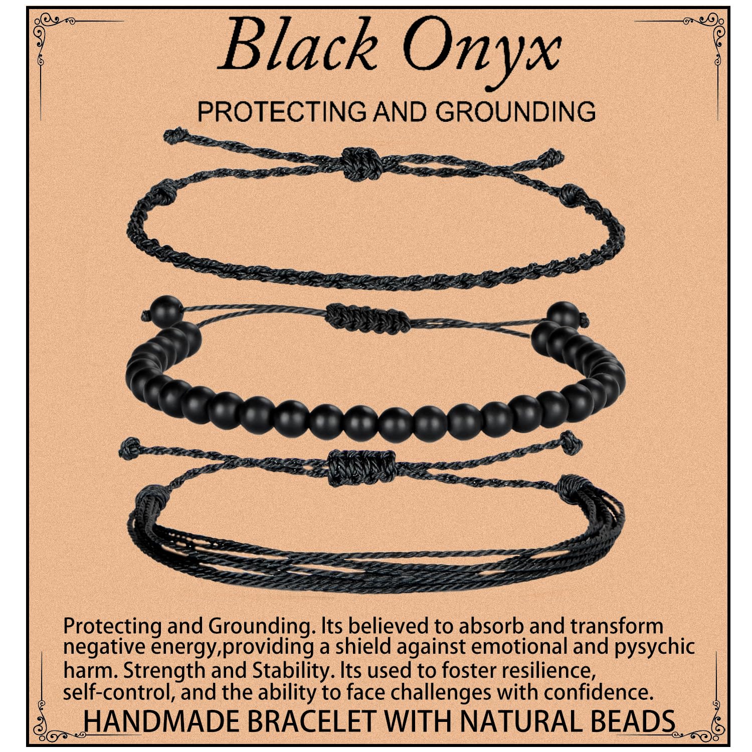 QOGIR Handmade Healing Bracelets, 6mm Matte Black Onyx Bracelet Black Beaded Bracelets for Men Women with 2PCS Size Adjustable Rope Bracelets