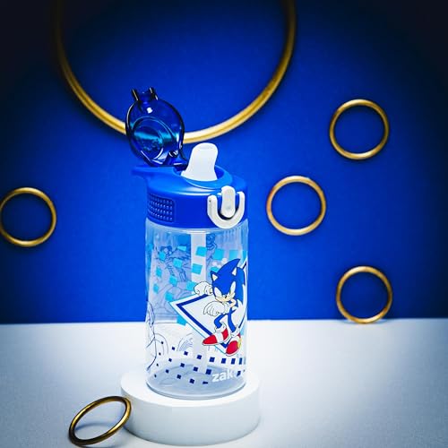 Zak Designs Sage Sonic the Hedgehog Water Bottle For School or Travel, 16oz Durable Plastic Water Bottle With Straw, Handle, and Leak-Proof, Pop-Up Spout Cover (Sonic, Eggman)