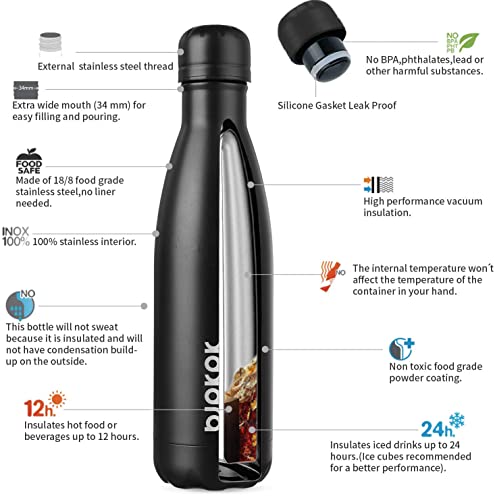 BJPKPK Insulated 17oz Stainless Steel Water Bottles, Sports Water Bottles Keep Cold for 24 Hours and Hot for 12 Hours,Midnight Black