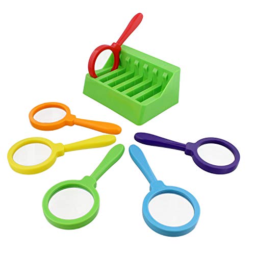 Get Out! Kids Magnifying Glass Set – 6 Pack Large Size Plastic Magnifying Glasses for Kids with Stand