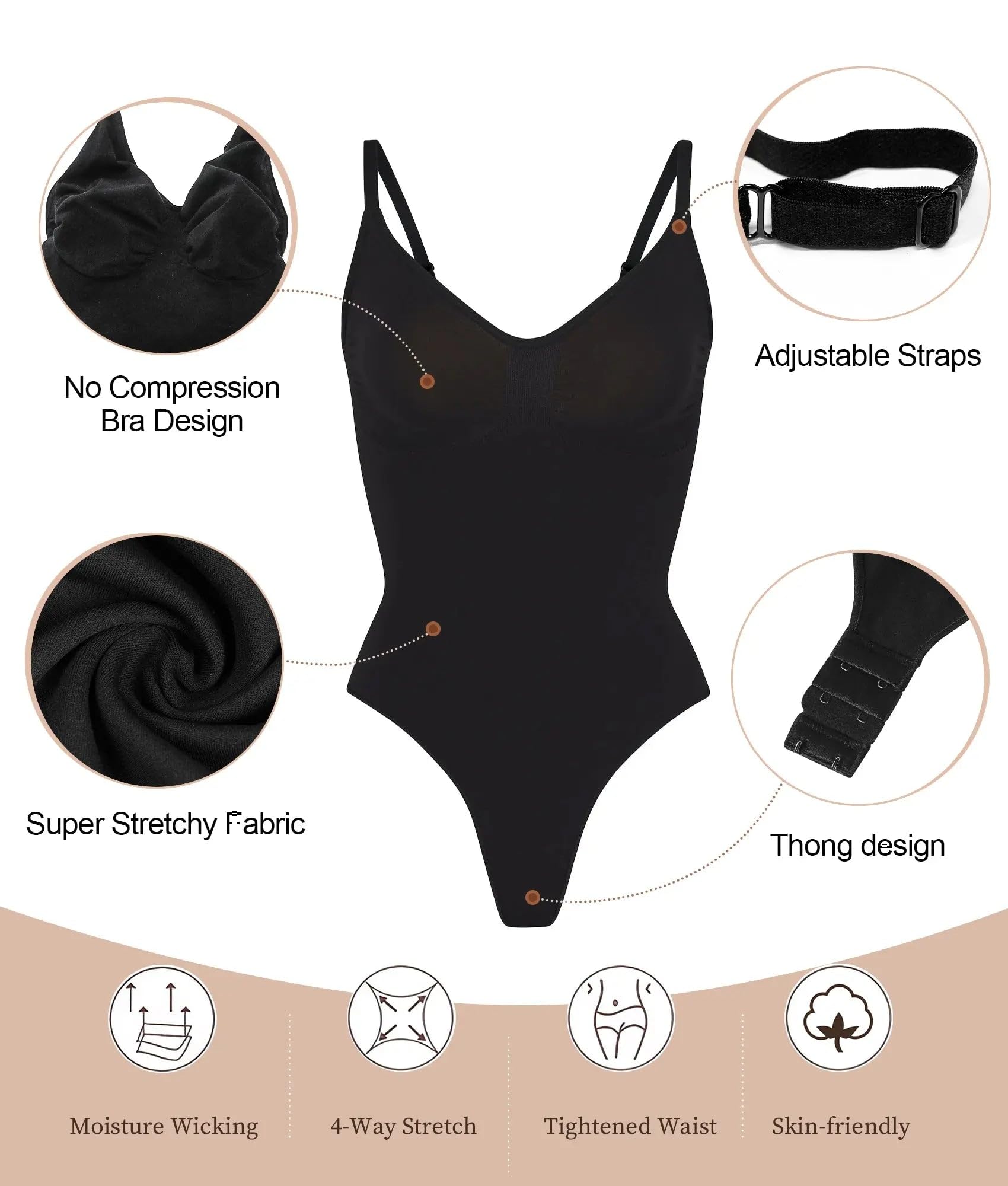 SHAPERX Women's Shapewear Bodysuit Tummy Control Body Shaper Seamless Sculpting Snatched Waist Body Suit,SZ5215-Black-S/M