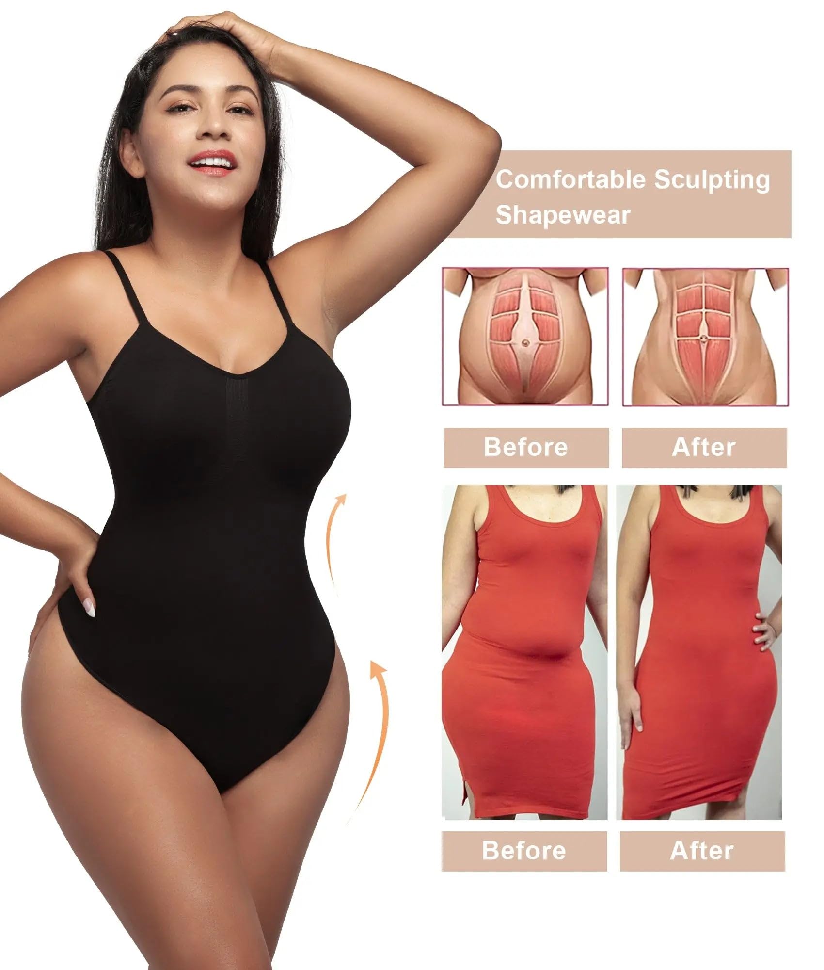 SHAPERX Women's Shapewear Bodysuit Tummy Control Body Shaper Seamless Sculpting Snatched Waist Body Suit,SZ5215-Black-S/M