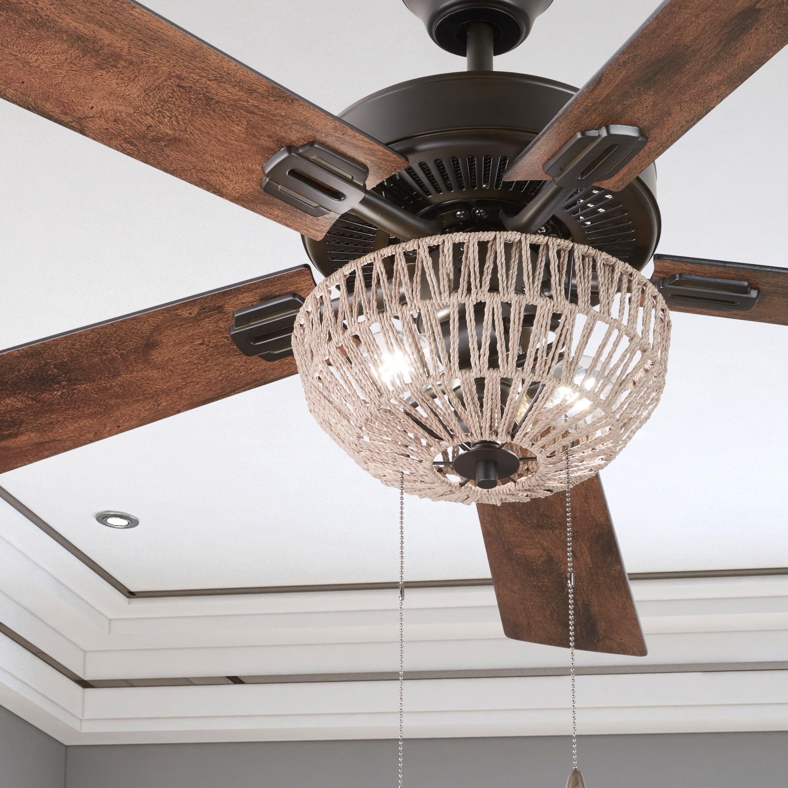 RIVER OF GOODS LED Boho Ceiling Fan with Hand Woven Brown/Natural Rope - Macrame Knot Work and Hemp Rope Style Eclectic Cottage Decor - 52" L x 52" W - Rich Barnwood/Light Driftwood Fan Blades