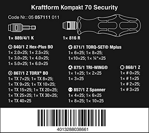 Wera - 5057111001 Kraftform 71 Kraftform Kompakt Security 32 Piece set, Hexagon 1/4"