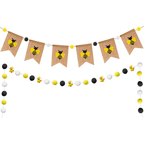 VERSRH 2pcs Bee Felt Garlands Vintage Rustic Burlap Hanging Bunting Banner, Bees Pom Pom Happy Bee’s Day Party Supplies, Bee-Shaped Bee Festival Decor for Baby Shower Birthday Party