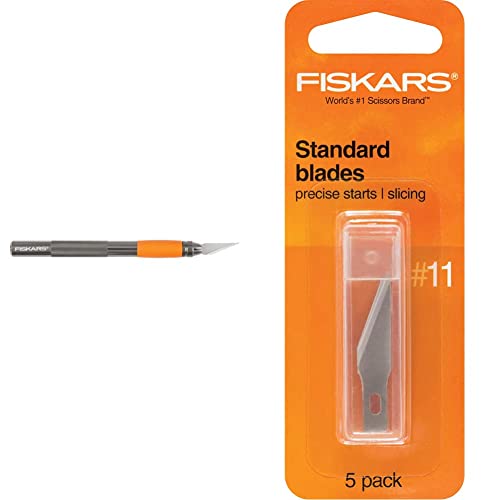 Fiskars Heavy Duty Die Cast, Exacto, 8 Inch, Precision Knife for Crafts, Multi Use Blade with Protective Cover, Steel & 196010-1006 Standard Number 11 Blades, 5 Pack, Orange