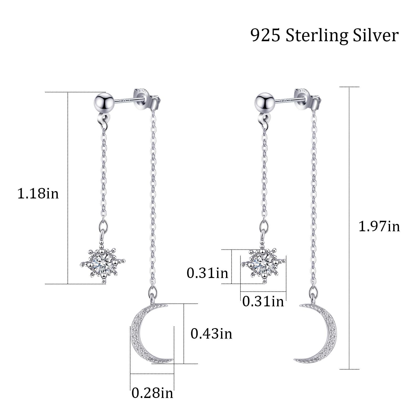 925 Sterling Silver Moon Star Earrings for Women Crescent Dangle with Cubic Zirconia Celestial Jewelry for Wedding