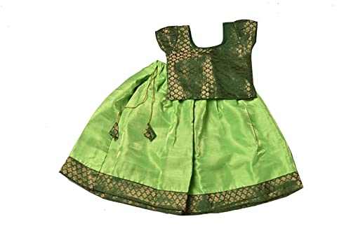 TRADITIONINDIA Green Chanderi & Dupion Fabric Short Sleeve Party & Wedding Wear Pattu Pavadai Lehenga Choli for Kids (Size 0-6 Months) (Color-Green)