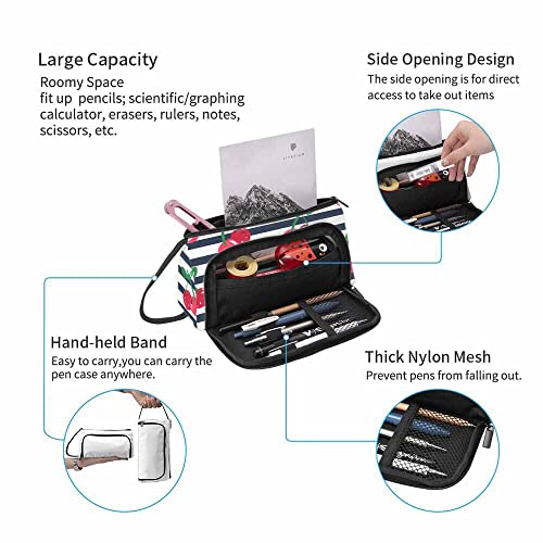 Nicokee Stripes Cherry Pencil Case Fruit Berry Leaf Nature Plant Pencil Pouch Cosmetic Bag for School Office Travel