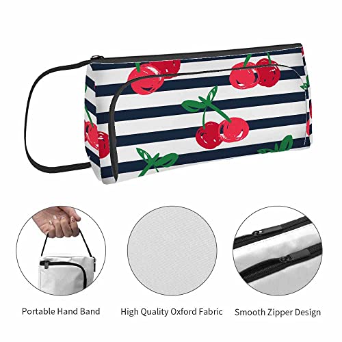 Nicokee Stripes Cherry Pencil Case Fruit Berry Leaf Nature Plant Pencil Pouch Cosmetic Bag for School Office Travel