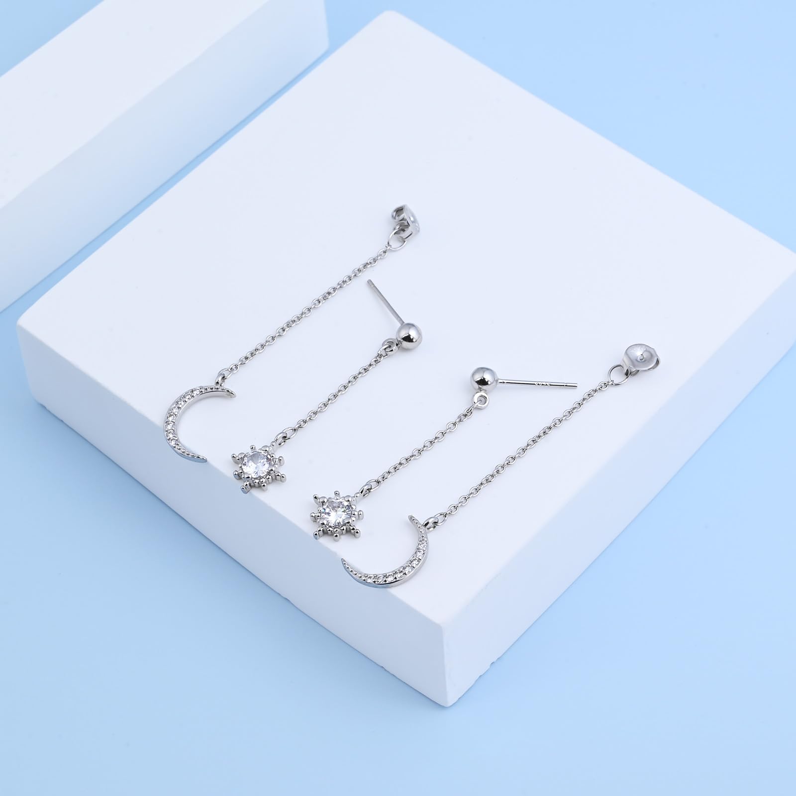925 Sterling Silver Moon Star Earrings for Women Crescent Dangle with Cubic Zirconia Celestial Jewelry for Wedding
